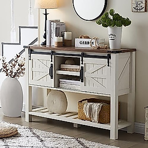OKD Entryway Table with Sliding Barn Doors, 46" Farmhouse Console Table with Storage Shelf, Rustic Sofa Table Behind Couch, Entry Table for Hallway, Entry Way, Living Room, Foyer, Antique White