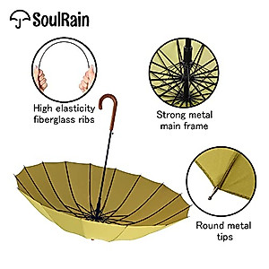 SoulRain 16 Ribs 48" Stick Umbrella Auto Open Solid Color Fashionable and Simple，Arc Classic Wood Handle，Windproof Unbreakable Stick Rain Umbrella (Matcha Green)