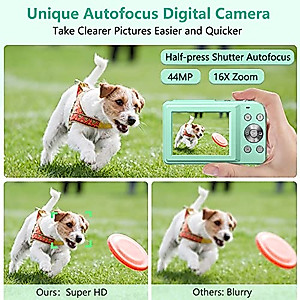 Digital Camera with SD Memory Card Autofocus Anti-Shake, 44MP 1080P Photography Camera for Kids Teens Birthday, 16X Zoom Small Portable Vlogging Camera for Boy Girl Video(2 Batteries)