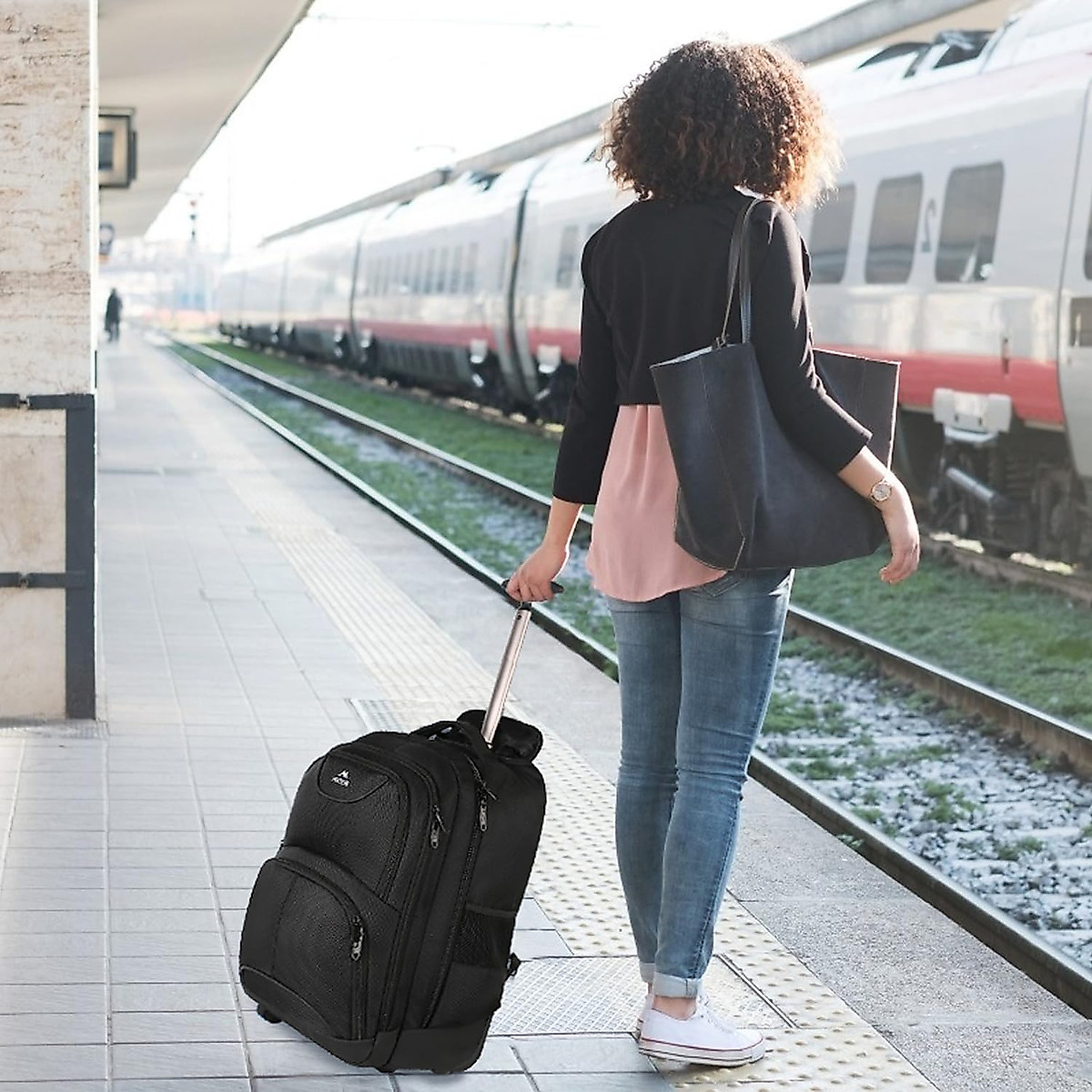 Rolling Backpack, MATEIN 17 inch Water Resistant Wheeled Laptop Backpack, Carry on Luggage Business Bag, College Student Computer Bookbag Trolley Suitcase for Men Women Adults to Travel, Black