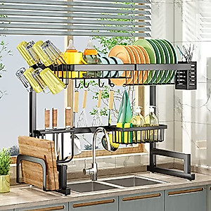 SNTD Dish Drying Rack, Over The Sink Dish Drying Rack Adjustable (from 26.9" to 34.7"), 2 Tier Dish Rack with Utensil Holder Sink Caddy Stainless Steel Dish Drainer for Kitchen Counter, Black