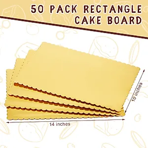 Crtiin 50 Pcs Rectangle Cake Board 14 x 10 Inches Scalloped Cake Boards Dessert Base Quarter Sheet Rectangular Cake Base for Pizza, Pastries Food Trays Greaseproof Pad (Gold)