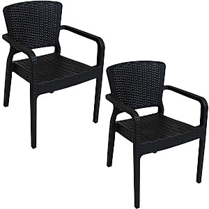 Sunnydaze Segonia All-Weather Plastic Outdoor Dining Chair - Faux Wicker Rattan Design - Commercial Grade - Black - 2 Chairs