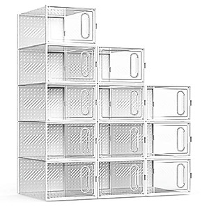 GONAT Large Shoe Organizers, 12 Pack Boxes Clear Plastic Stackable, Dust-Proof For Closet, Good Replacement For Shoe Rack, Under Bed, White.