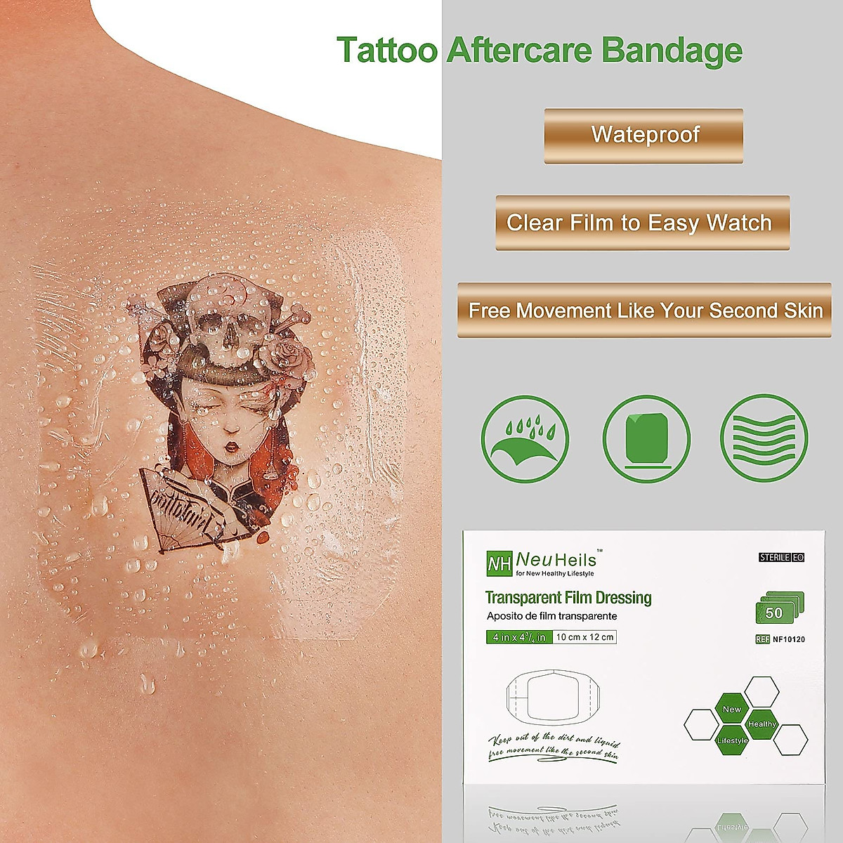 NeuHeils Transparent Film Dressing, Large Waterproof Wound Cover Bandage 4''x4.75'', 50 Packs, Post Surgical Shower or IV Shield, Tattoo Aftercare Bandage, Adhesive Patch 4 x 4 3/4 Inch