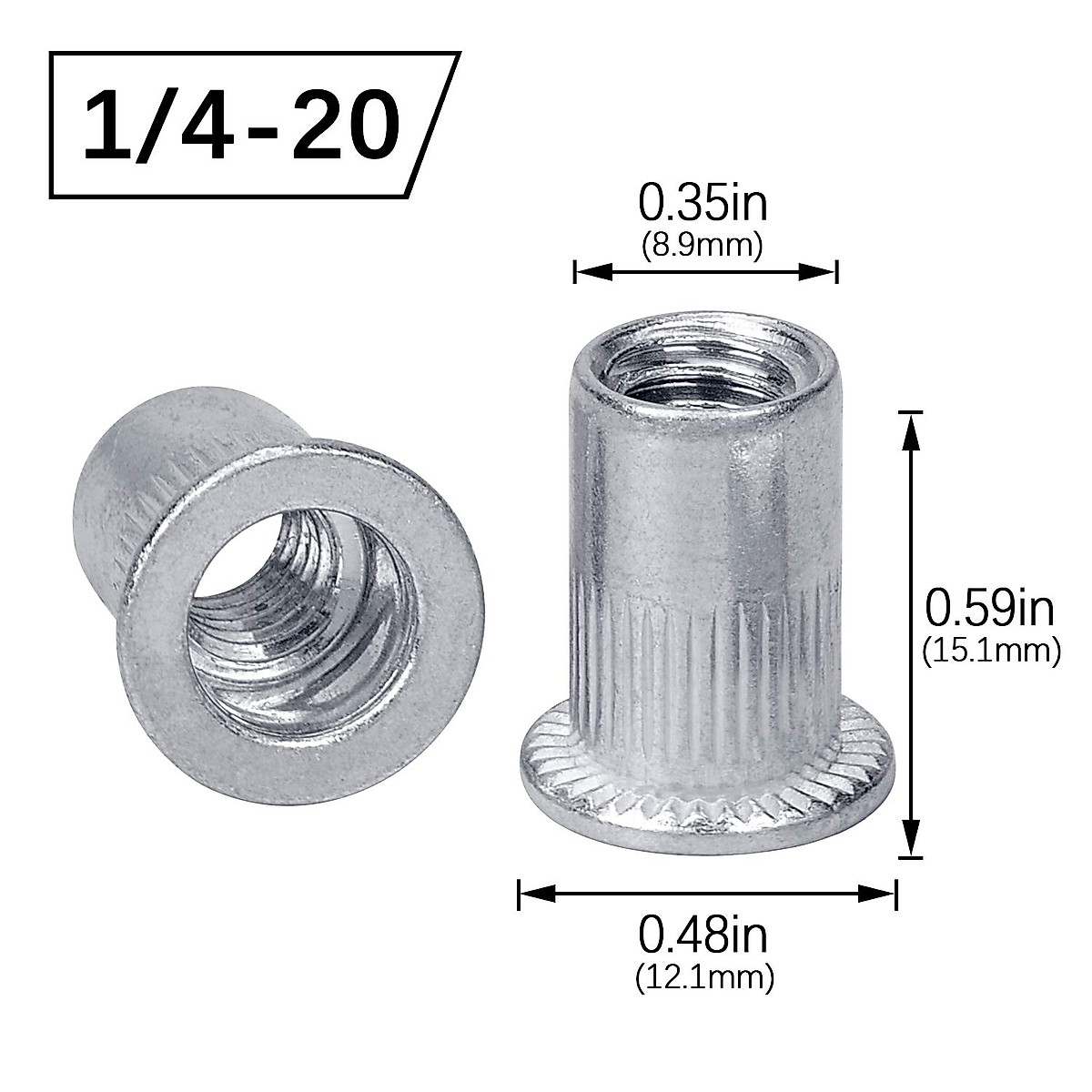 100 Pcs 1/4-20 Aluminum Flange Rivet Nuts, UNC Flat Head Threaded Insert Nut