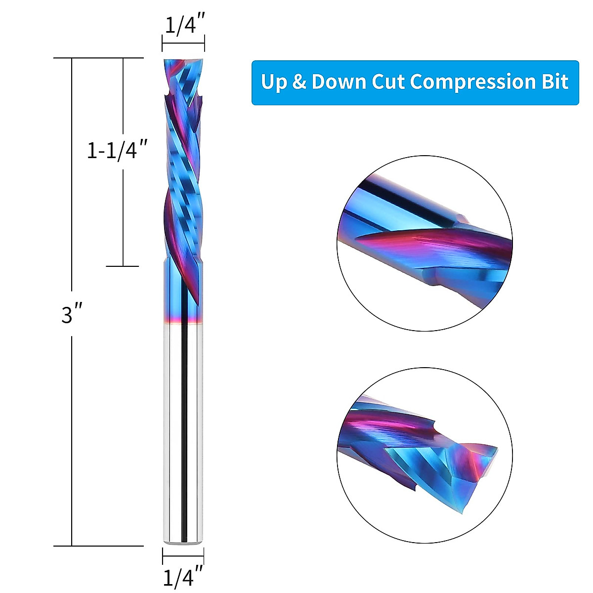 EANOSIC Compression Spiral Router Bits 1/4" Shank,1-1/4" Cutting Length, Extra Long 3 Inch, Carbide UP Down Cut CNC Router Bits End Mill for Wood Mortises Carving Engraving