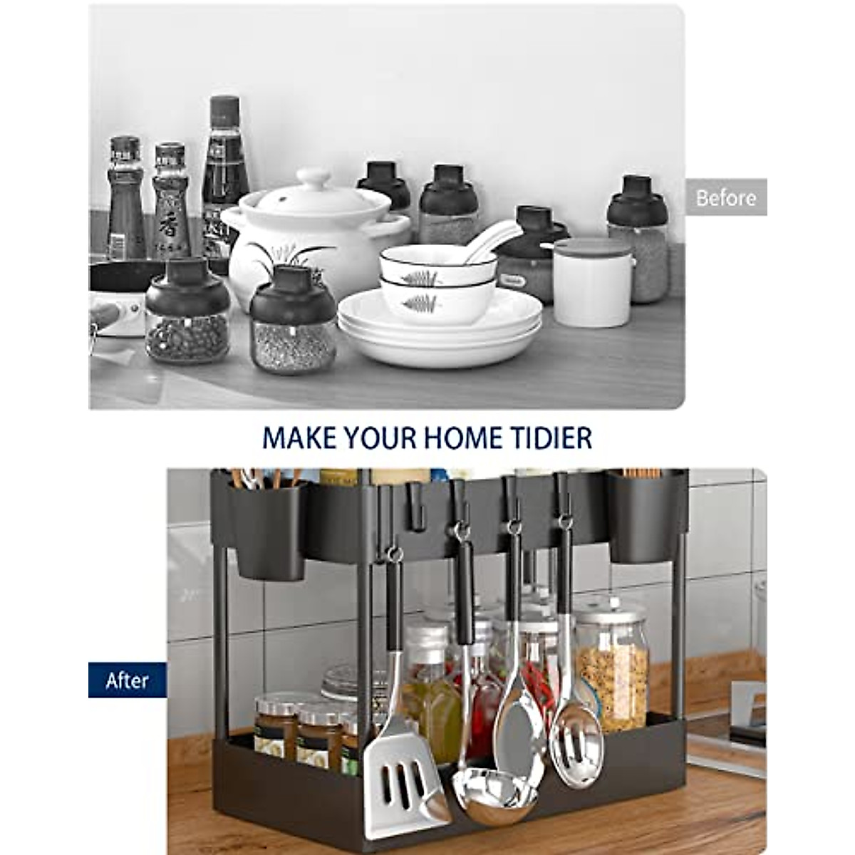 Axbima 2 Tier Under Sink Organizer, Under Bathroom Sink Storage, Under Kitchen Sink Shelf Rack with 2 Hanging Cups & Hooks for Cabinet Countertop Bathroom Laundry Garages (Black)