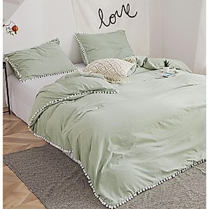 Green Pom Pom Duvet Cover Set Queen Size,Solid Color Farmhouse Bedding Set with White Fringe Ball,Ultra Soft & Breathable Washed Microfiber Comforter Cover - 3 Pieces（No Comforter）