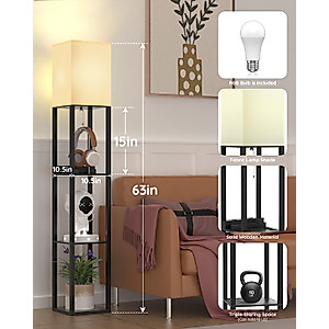 PAZZO Floor Lamp with Shelves, Shelf Floor Lamps by Real Solid Wood with 2 Charging Ports and 1 Power Outlet, Floor Lamps for Bedrooms, Lamps for Living Room, Matt Black