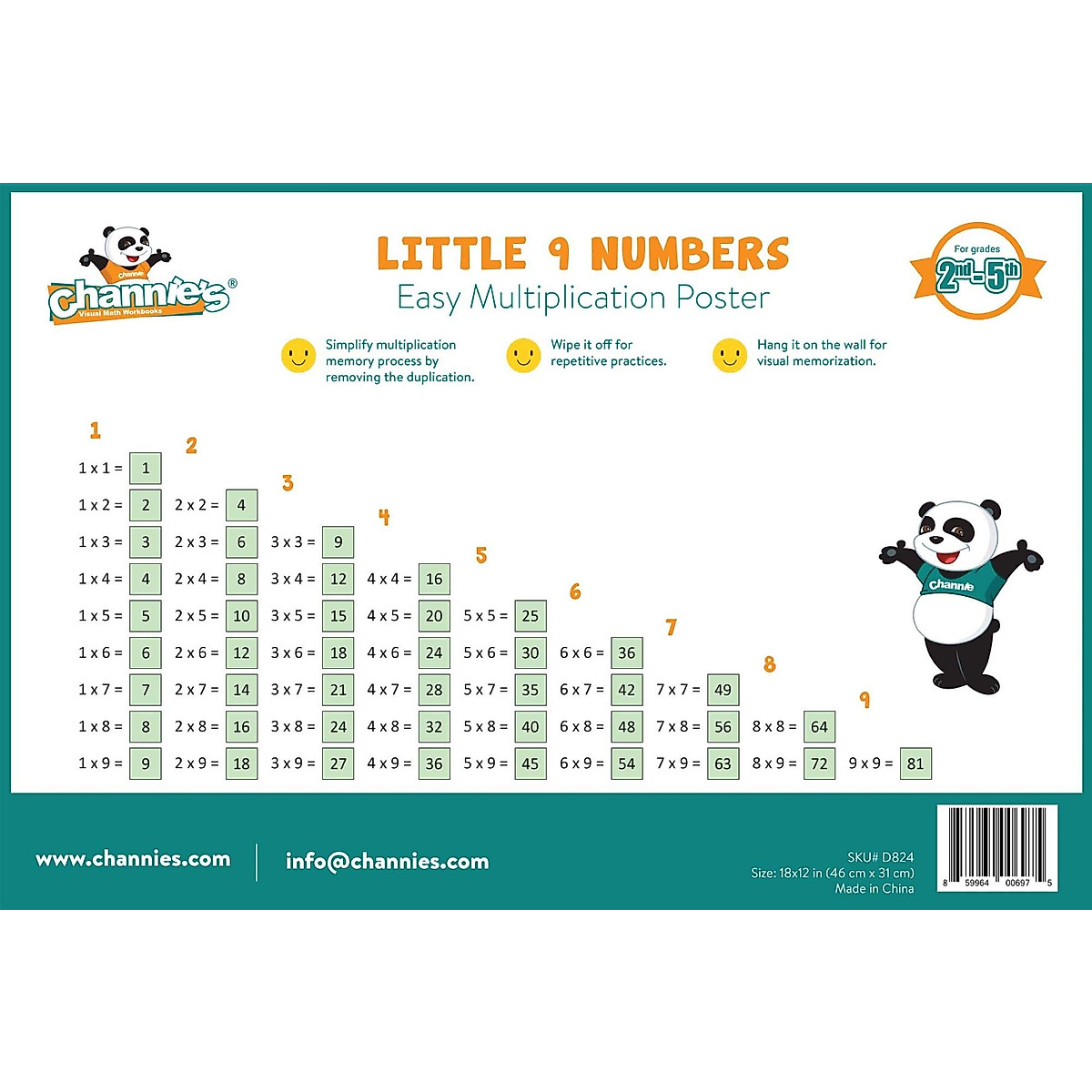 Channie’s 2 Pak Dry Erase Multiplication Memory and practice chart 18" x 12" Single & Double digit