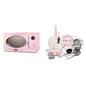 Nostalgia Retro Countertop Microwave Oven + GreenLife Soft Grip Healthy Ceramic Nonstick 16 Piece Kitchen Cookware Pots and Frying Sauce Saute Pans Set