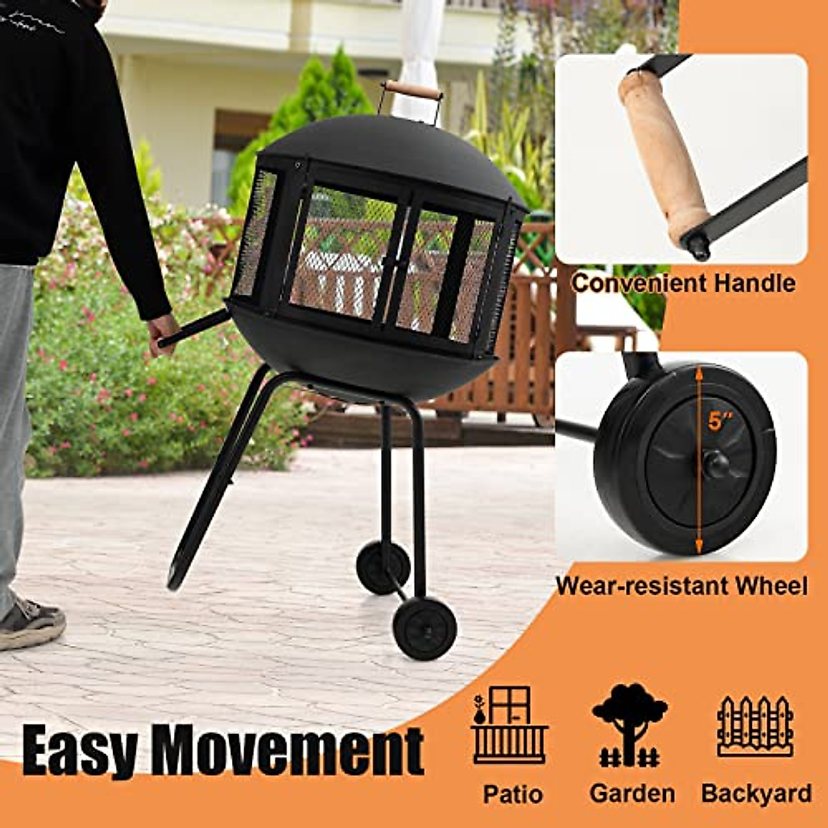 Tangkula Portable Fire Pit with Wheels, 28 Inch Wood Burning Fire Pit with Log Grate, Poker, Rolling Patio Fireplace Wooden Bonfire Firepit for Outdoor Entertaining Black