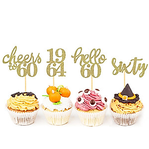 24 Pcs Glitter 60th Birthday Cupcake Toppers for Celebrating Sixty Years Old Birthday Party Decorations (Gold)