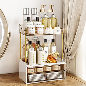 Ducoak 2-Tier 2-Drawer Skincare Organizers Luxurious Makeup Organizer Countertop Household Large Vanity Organizers And Storage Multi-Purpose Bathroom Counter Organizer Amber