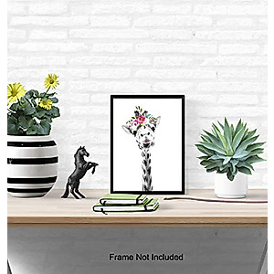 Baby Giraffe Wall Decor Print - Flower Crown Jungle Animals Wall Art Decoration for Girls Bedroom, Kids Room, Nursery - Cute Gift - Boho Shabby Chic Picture - 8x10 UNFRAMED Photo Poster