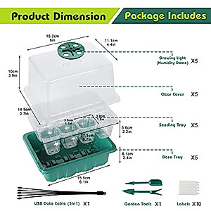 KENNEDICH Seed Starter Tray, 5 Pack Seeding Starter Growing Kit with Light, Grow Trays for Seeds Starting, Indoor Gardening Plant Germination Trays with Adjustable Humidity and 4" Heigher Cover