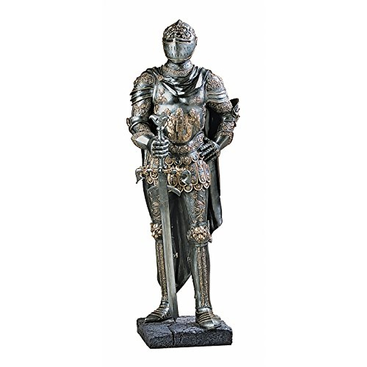 Design Toscano King's Guard Medieval Decor Half Scale Knight Armor Gothic Statue, 39 Inch Tall, Cast Stone Resin, Metallic Finish with Faux Stone Base