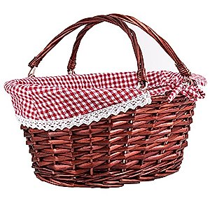 ZEONHEI Brown Oval Wicker Woven Basket, Attractive Willow Woven Gift Basket, Cheap Fruit Picnic Easter Candy Wedding Party Decoration Serving Basket with Folding Handles Elegant Linen Cloth Lining