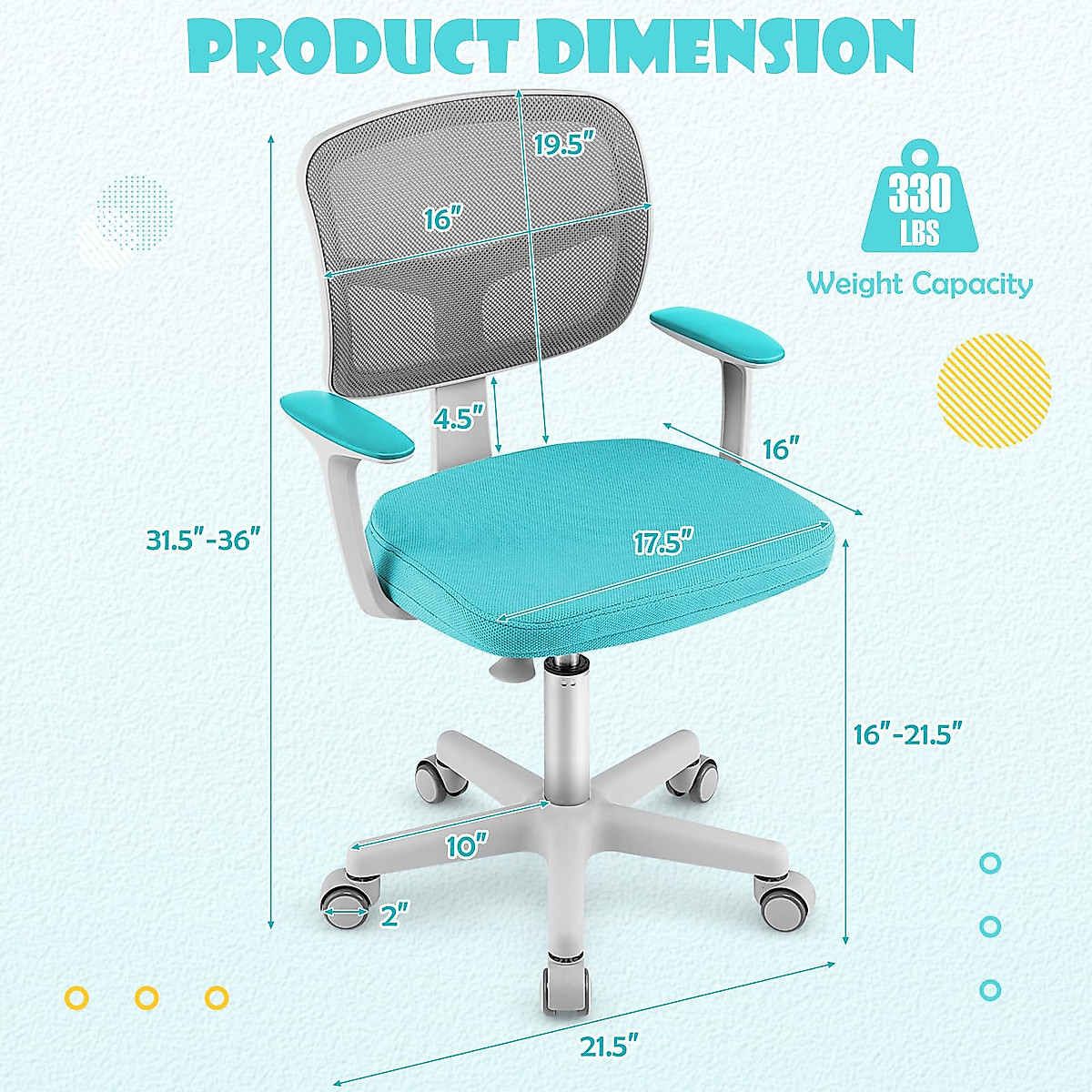 POWERSTONE Kids Desk Chair, Adjustable Mesh Computer Chair with Armrest, Soft Cushion and Mid Back Swivel Office Chair for Teens Students (Green)