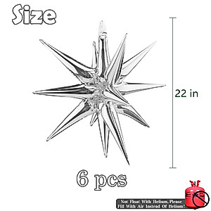 Moukiween 6 Pcs Explosion Star Foil Balloons- 12 Point Star Balloons, Silver Starburst Cone Mylar Balloons Spike Balloons for Party Supplies Christmas Birthday Wedding Baby Shower Photo Booth