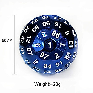 Single 100 Sided Polyhedral Metal Zinc Alloy Dice D100 dice Dungeon, Solid Blue Color with White Numbering (50mm)