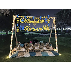 Ramadan Kareem Banner Gold Glitter Ramadan Kareem Decorations for Home, Eid Ramadan Mubarak Festival Party Decoration, Ramadan Banner Moon Star Lantern Garland Mantle Fireplace