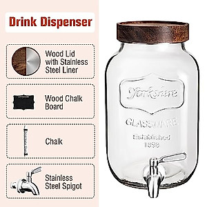 Mustry Glass Drink Dispenser for Parties, 1 Gallon Beverage Dispenser with Spigot Solid Stainless Steel, Used as Lemonade Dispenser Sun Tea Jar Kombucha Jar