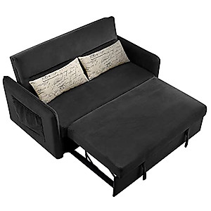 XD Designs 2-in-1 Design Pull Out Sofa Bed with 2 Pillows Adjustable Backrest, Modern Multi-Function Velvet Couch Bed Loveseat with 2 Big Side Pocket for Living Room Office Apartment (Black-1)
