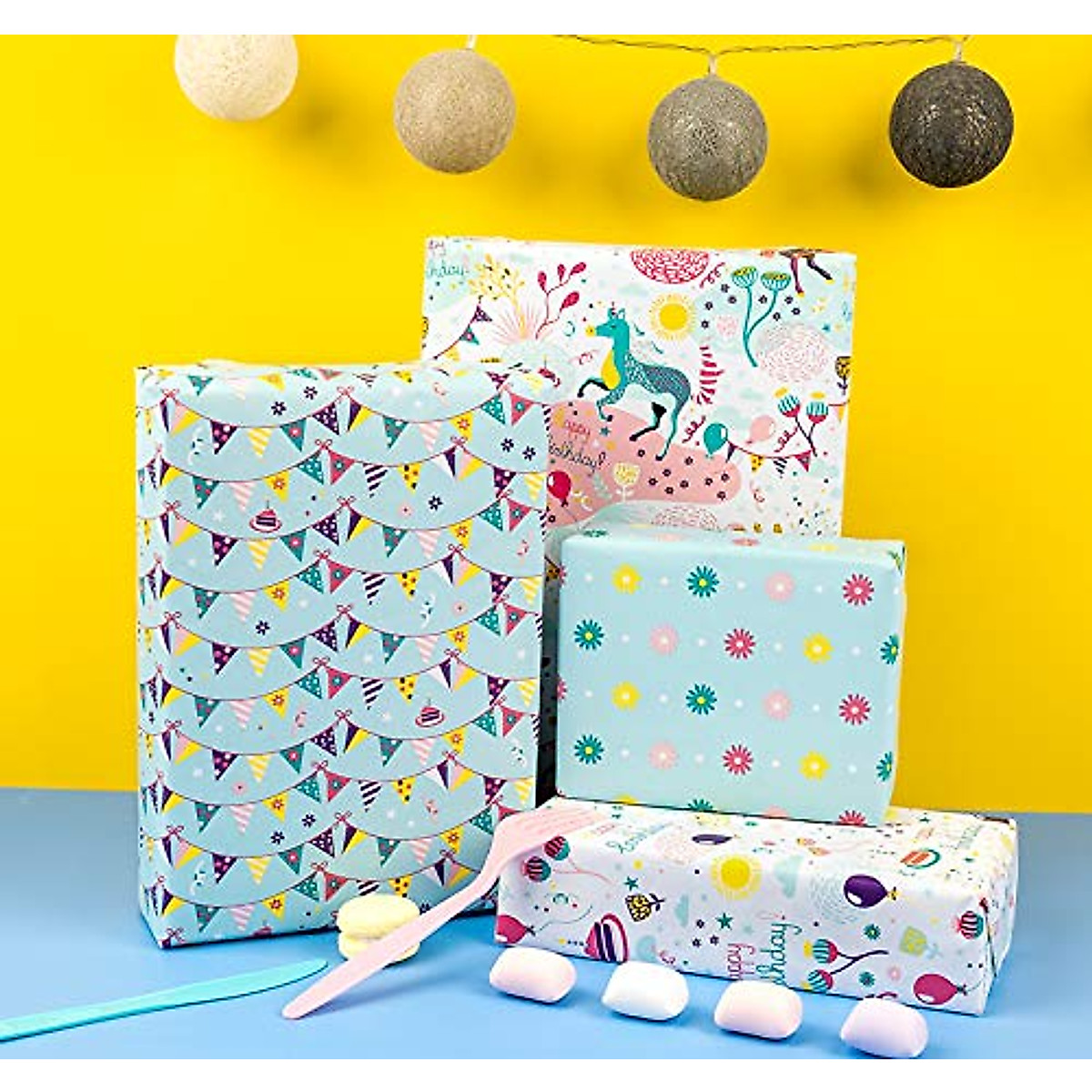 WRAPAHOLIC Birthday Wrapping Paper Roll - Unicorns and Celebration Banners Set for Party, Celebrating, Baby Shower Present Packing - 4 Rolls - 30 inch X 120 inch Per Roll