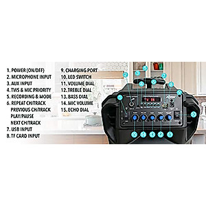 Axess Portable Wireless Bluetooth Speaker — 8 Inch Woofer & 1.5" Tweeter, TWS Link+, Wireless Microphone FM Radio Aux USB and Mic Inputs, Stereo Sound System Speakers with LED Lights Model PABT6038