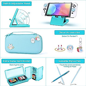 innoAura Switch OLED Case 19-in-1 Bundle with Carrying Case, Game Organizer, Screen Protector, Stand and Thumb Grips (Blue)