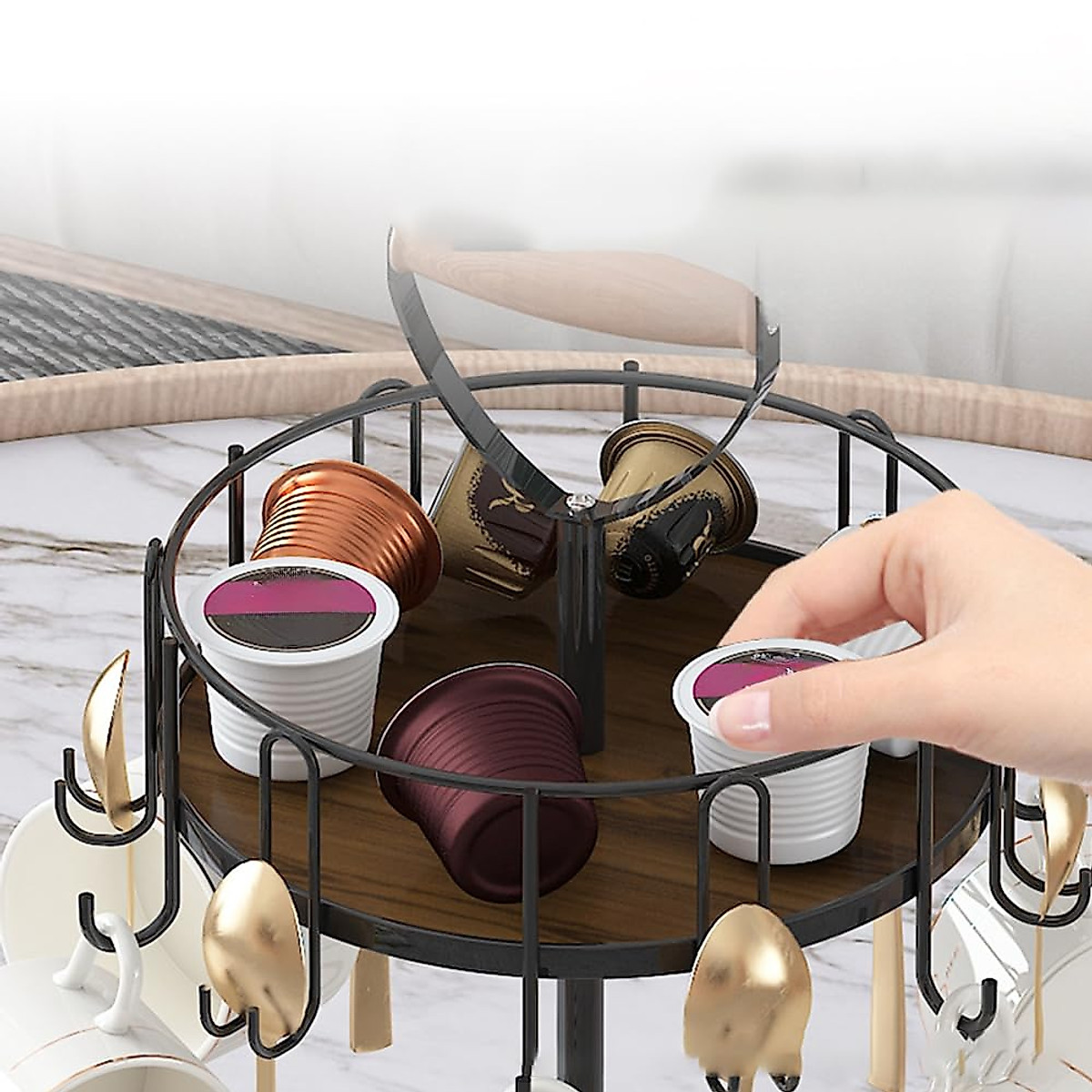 Coffee Mug Holder, 360 Degree Rotatable Mug Tree Stand, 2 Tiers Handle Coffee Cup Holder with 10 Mug Hooks, Coffee Pod Holder with Cup Pods, Saucer Basket Storage & Handle for Kitchen Coffee Bar