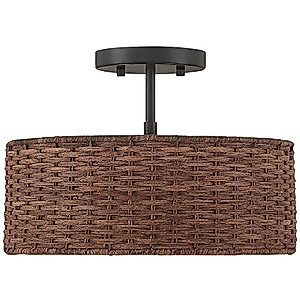 Possini Euro Design Hampton Modern Ceiling Light Semi Flush-Mount Fixture 13 1/4" Wide Soft Gold 2-Light Dark Weave Rattan Drum Shade for Bedroom Kitchen Living Room Hallway Bathroom House Home