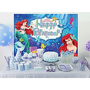 Mermaid Happy Birthday Backdrop, Under The Sea Little Mermaid Birthday Party Supplies for Girls Ariel Mermaid Princess Party Decorations Happy Birthday Banner Cartoon Theme Party Decorations
