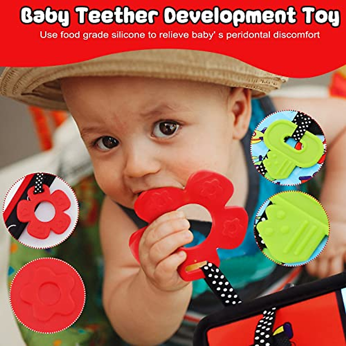 Tummy Time Floor Mirror with Teethers, Double-Sided Baby Mirror Black and White High Contrast Baby Toys for Babies, Baby Montessori Toys Crawling Developmental Newborn Infant Sensory Toys (A-Mirror)