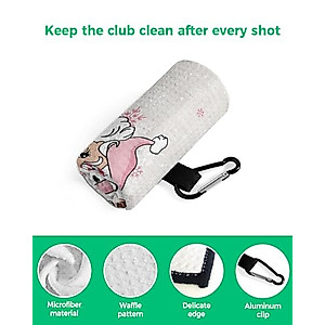 Yun Nist Golf Towel Christmas Pink Santa Claus Retro Linen,Waffle Pattern Microfiber Club Cleaner Golf Towels with Carabiner Clip for Women Men Dad,Winter Snowflake Golf Towel for Golf Bags,24x16in