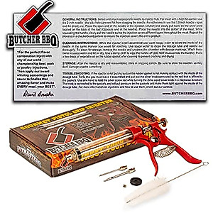Butcher BBQ Pistol Grip Gourmet Meat Injector Syringe | Metal Handle | 50cc Pistol Grip Injection Syringe | 2 Different Needles for Different Meats | BBQ Smoker Accessories | Tailgating Accessories