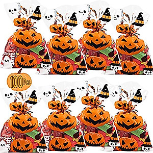 AnapoliZ Halloween Treat Bags | 100 pcs (6” x 9” Inch) |2.5 Mil Crystal Clear Cellophane Bags with Halloween Designs | Pumpkins, Witches Cello Bags | Halloween Party Decorations, Spooky Treat Bags
