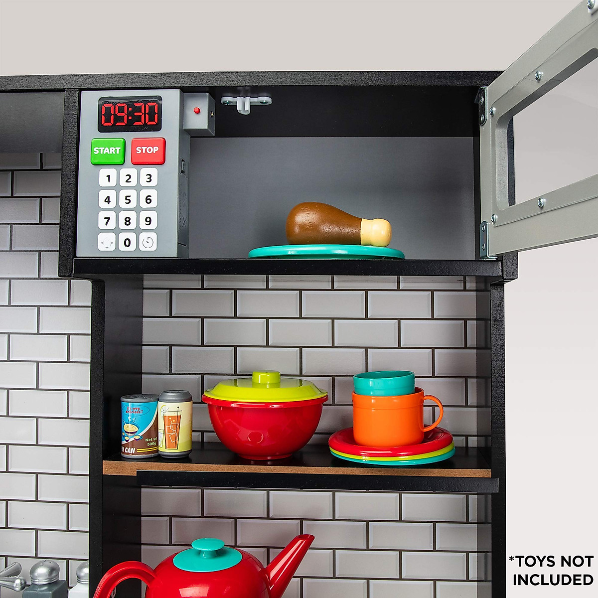 Lil' Jumbl Kids Kitchen Set, Pretend Wooden Play Kitchen, Battery Operated Icemaker & Microwave with Realistic Sound, Pots & Pan Included - Charcoal