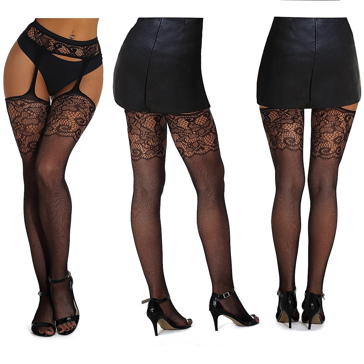 SOUTHRO 5 Pairs Women Fishnet Thigh High Stockings with Garter Belt - Suspender Pantyhose Patterned Tights Stockings for Women