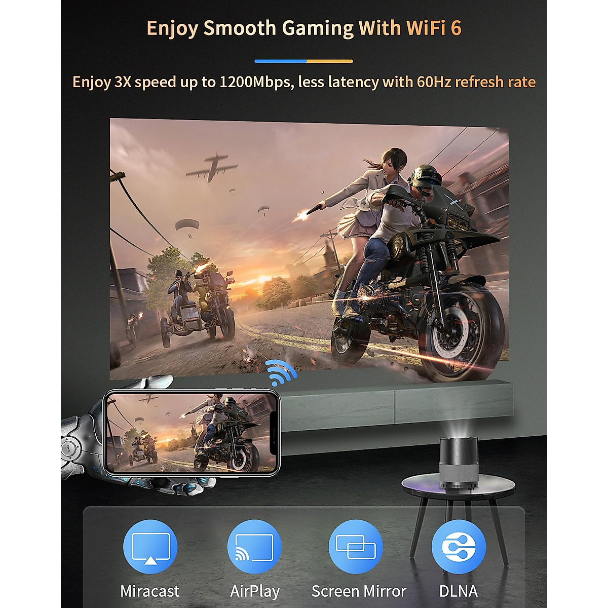 Mini Projector Portable 4K with Bluetooth Speaker, WiFi Projector for iPhone iPad Wireless Screen Casting, Home Theater Portable Projector for Camping Gaming Movie Compatible with Smartphone Laptop DV