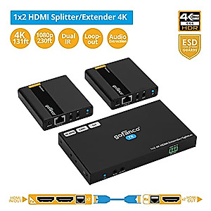 gofanco 1x2 HDMI Extender Splitter Over CAT6/7 – Up to 4K/30Hz @ 131ft (40m), 1080p @ 230ft (70m), HDCP 1.4, Dual IR, HDMI Loopout, RS232 Control, Surge/Lightning/ESD Protection (HD14Ext-2P)