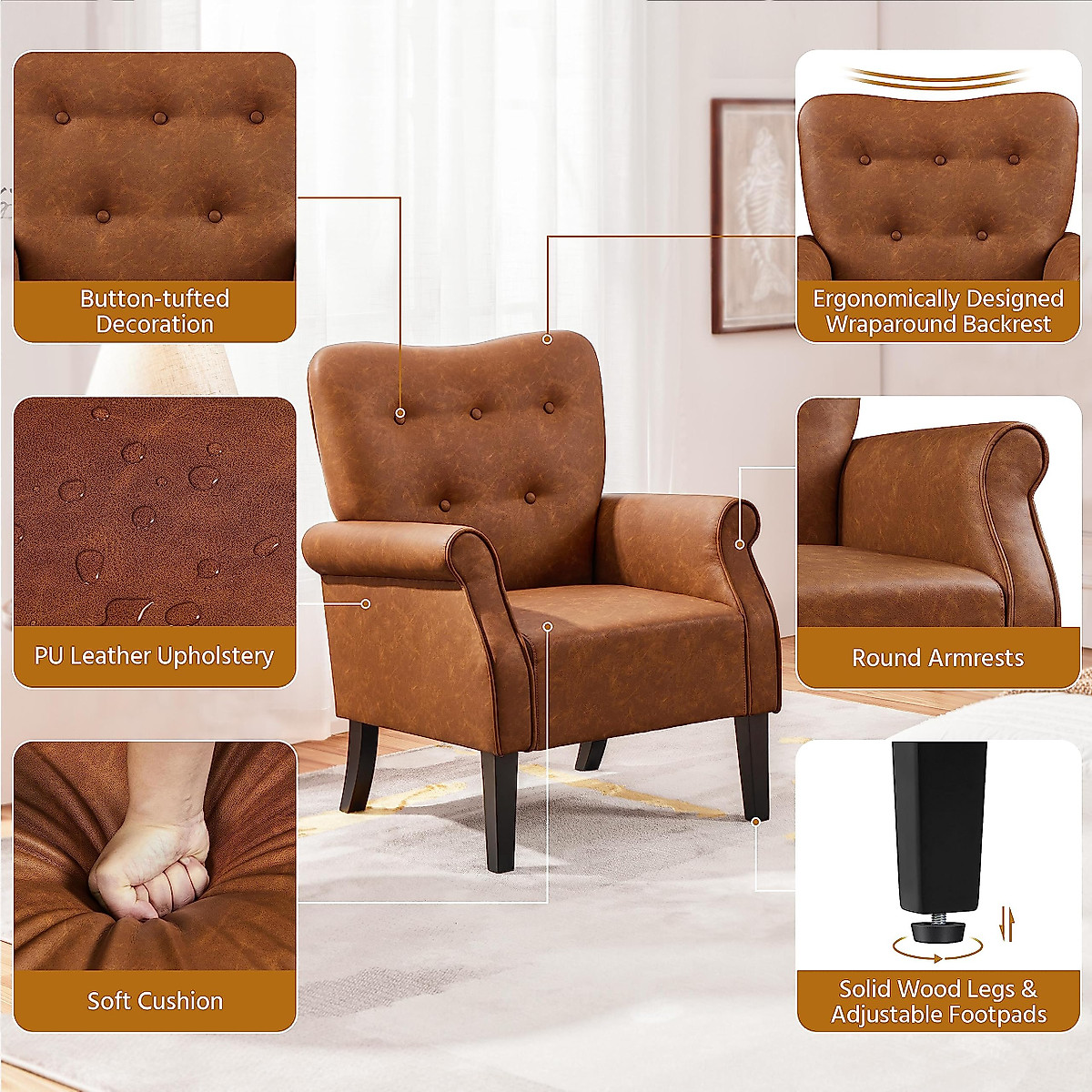 Yaheetech Modern Armchair, Mid Century PU Leather Accent chair with Sturdy Wood Legs and High Back for Small Space, Upholstered Sofa Club Chair for Living Room/Bedroom/Office, Retro Brown
