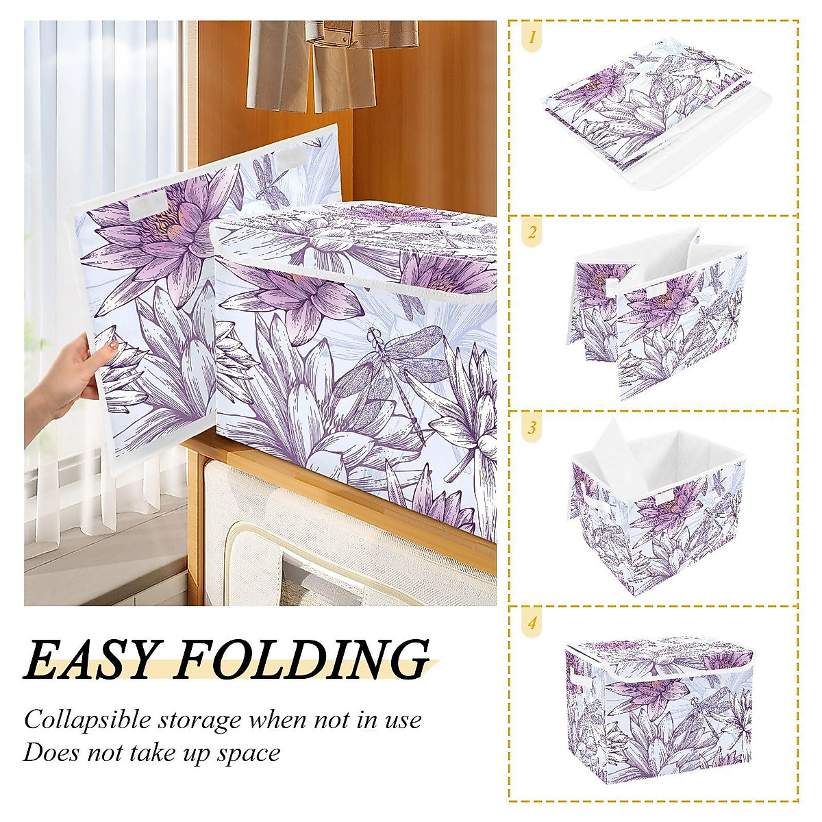 Joisal Purple Lilies And Dragonflies Baskets with Lids for Organizing Fabric Storage Bins for Shelves for Home Bedroom Office