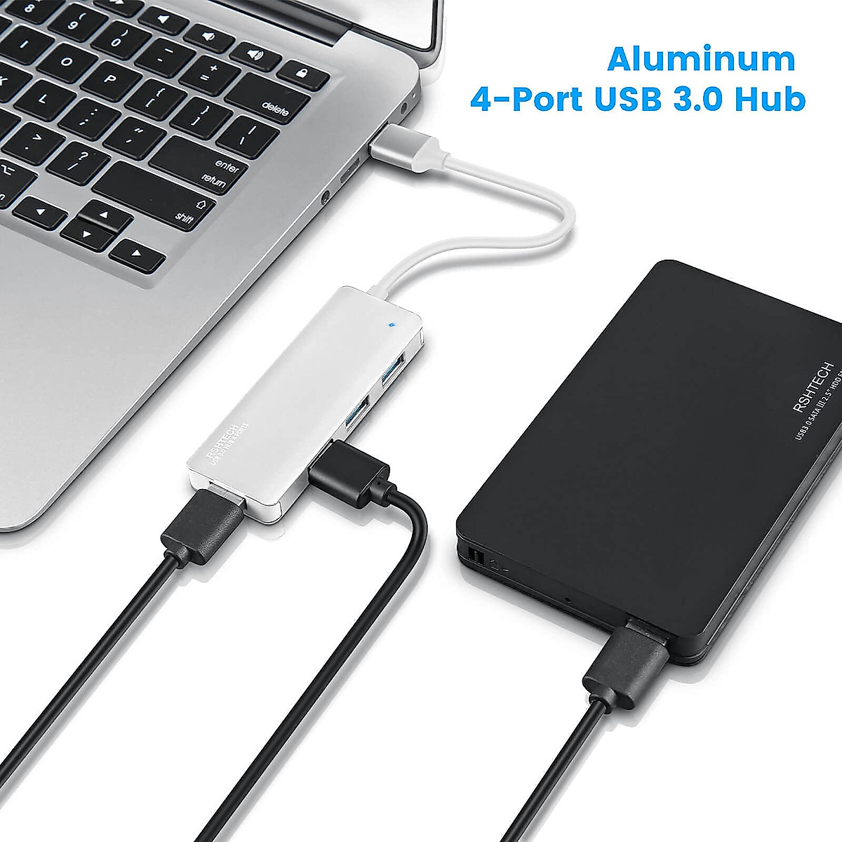 USB 3.0 Hub RSHTECH Aluminum 4 Port Ultra Slim USB 3.0 Data Hub Splitter Portable USB Port Expander for Laptop and PC (Silver)