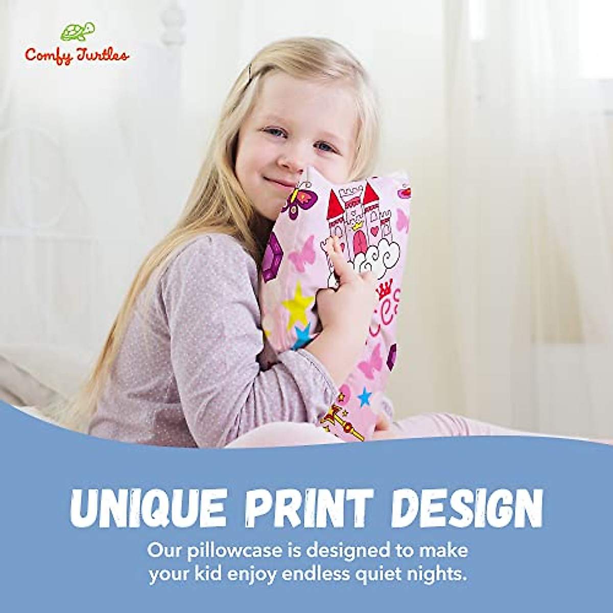 Comfy Turtles 13 x 18 Inch Toddler Size Pillowcase - Natural Cotton - Pillow Cover for Children, Boys, Girls & Kids - for Sweet Dreams, Sleeping & Travel - Soft & Breathable - Pink Castle