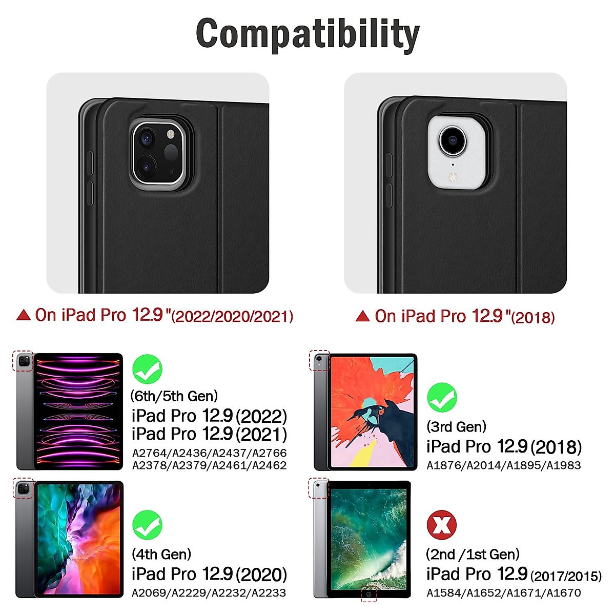 Antbox Case for iPad Pro 12.9'' 6th Generation (2022) 5th/4th/3rd Generation (2021/2020/2018), Built-in Pencil Holder Auto Sleep/Wake Function PU Leather Smart Cover (Black)