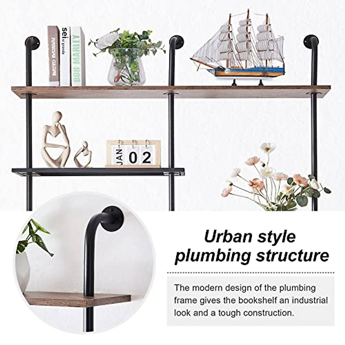 HOMISSUE Industrial Bookshelf 6-Tier Open Wall Mount Ladder Bookshelf, Modern Bookcase with Metal Frame and Wood for Home Office, Wall Mounted Industrial Iron Pipe Shelf, Brown