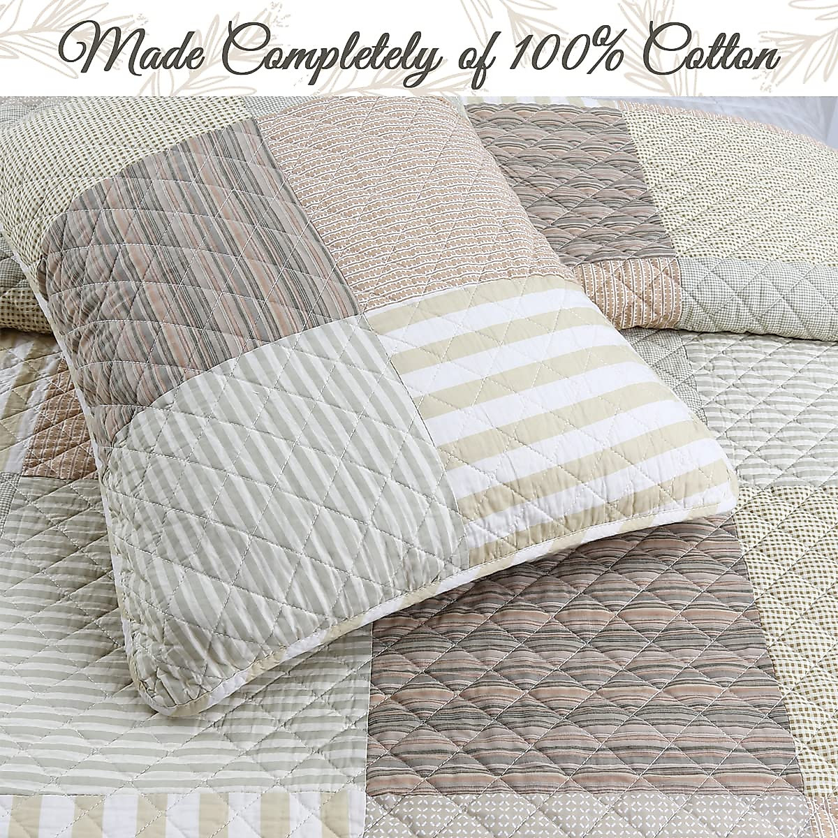 Cozy Line Home Fashions Earth Tone Brown Tan Beige Stripe Checker Patchwork Cotton Reversible 3 Piece Quilt Bedding Set